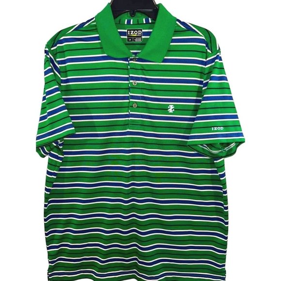 Izod | Shirts | Izod Golf Mens Large Short Sleeve Polo Shirt Logo Emerald Green Blue Striped Li ...